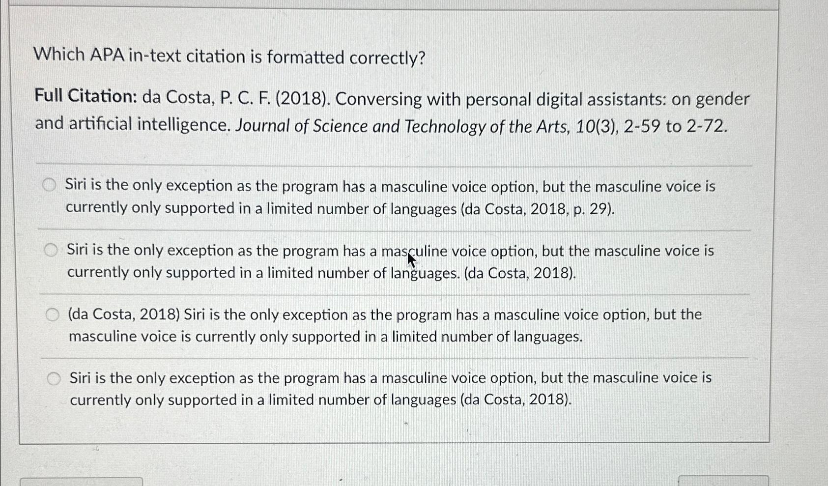 Solved Which APA in-text citation is formatted | Chegg.com