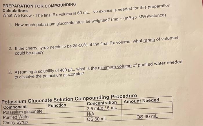 Solved PREPARATION FOR COMPOUNDING Calculations What We Know | Chegg.com