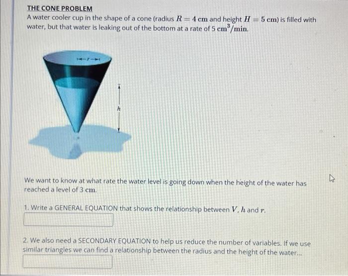 Solved THE CONE PROBLEM A water cooler cup in the shape of a | Chegg.com
