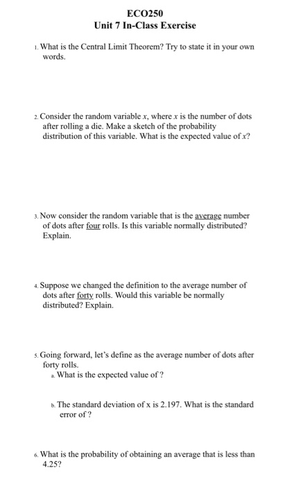 Solved Eco250 Unit 7 In Class Exercise 1 What Is The