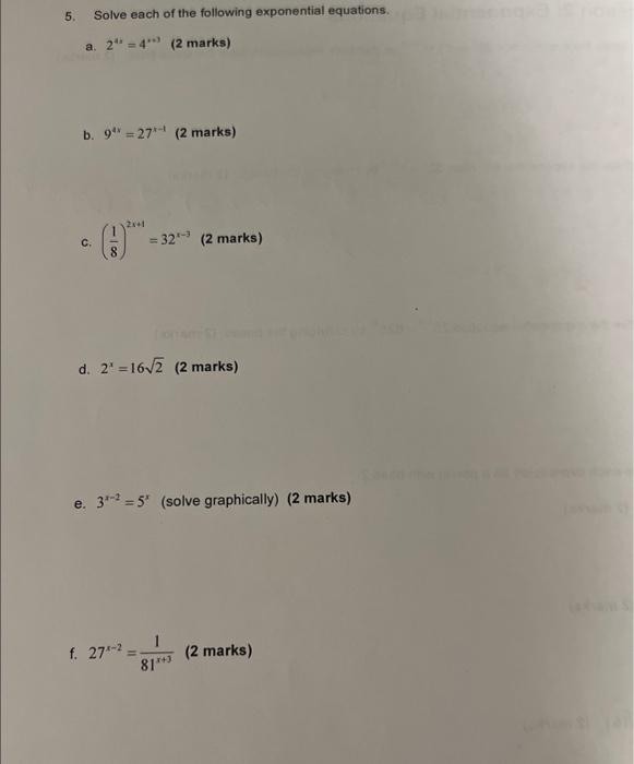 Solved 5. Solve each of the following exponential equations. | Chegg.com
