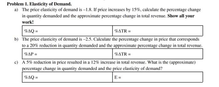 Solved Problem 1. Elasticity of Demand. a) The price | Chegg.com