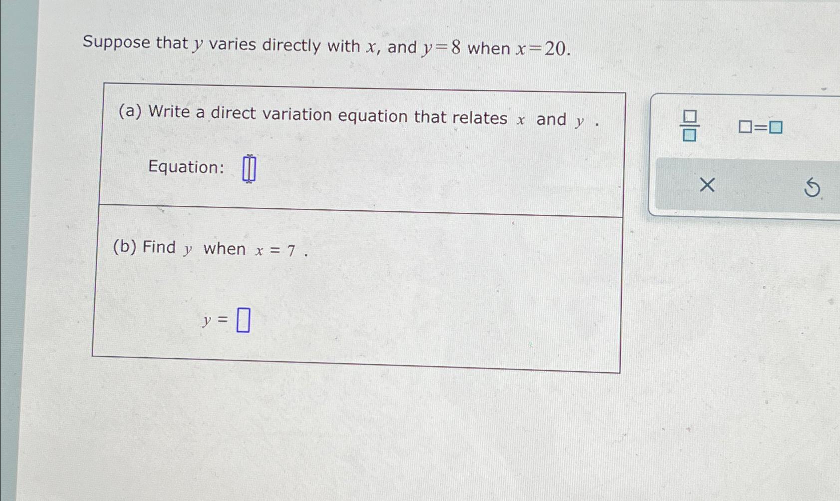 Solved Suppose that y ﻿varies directly with x, ﻿and y=8 | Chegg.com