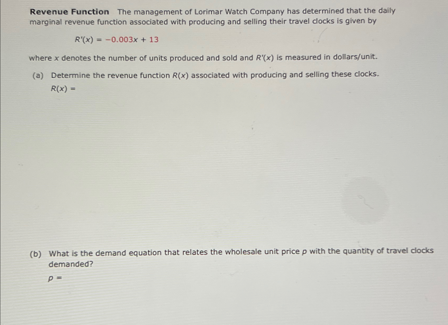 Solved Revenue Function The management of Lorimar Watch | Chegg.com