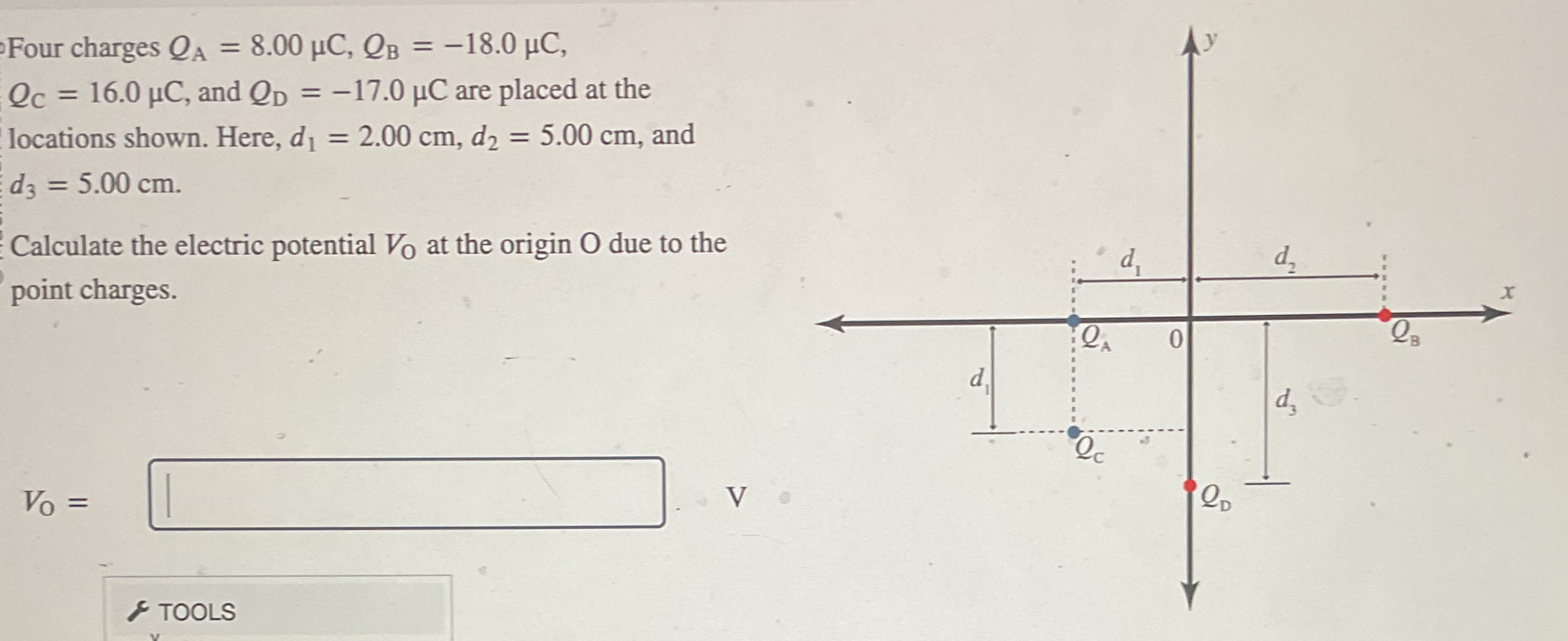 Solved Four charges QA=8.00μC,QB=-18.0μC,QC=16.0μC, ﻿and | Chegg.com