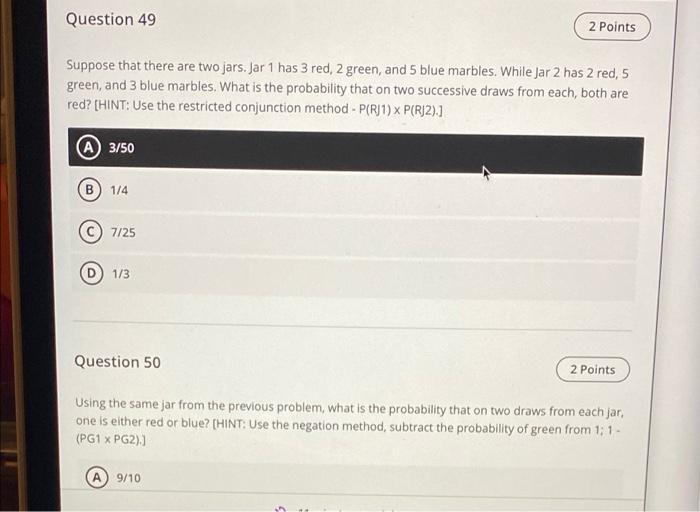 Solved Question 49 2 Points Suppose that there are two jars, | Chegg.com
