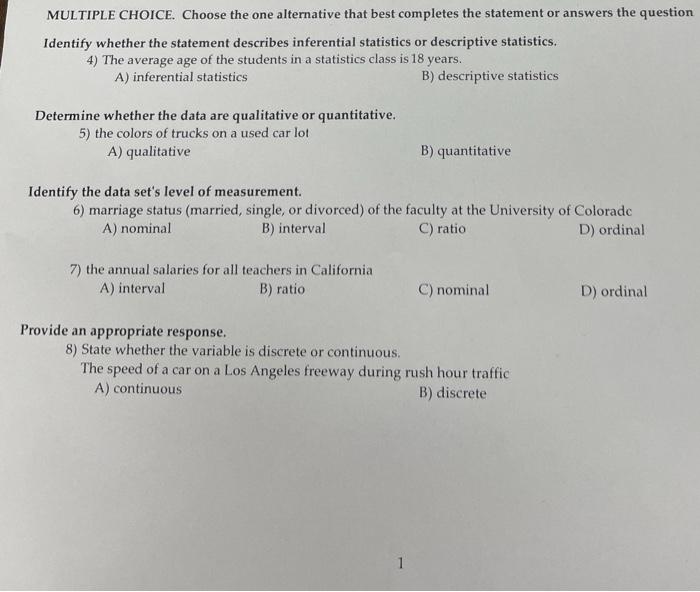 Solved MULTIPLE CHOICE. Choose the one alternative that best | Chegg.com