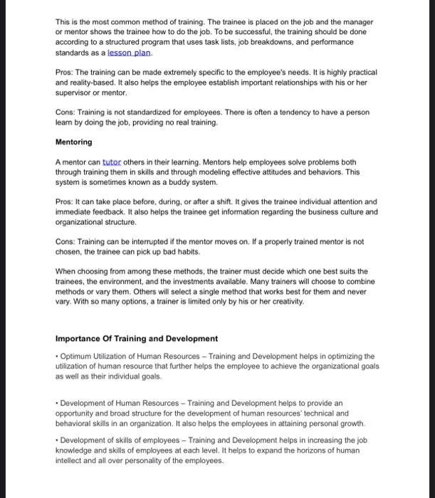 Solved Importance of Training and Development HUMAN RESOURCE | Chegg.com