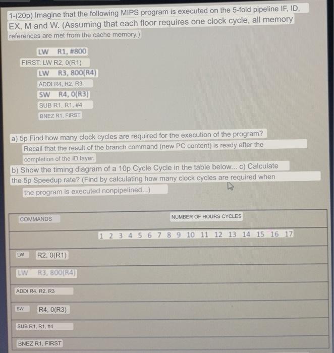 Solved 1-(20p) Imagine that the following MIPS program is | Chegg.com