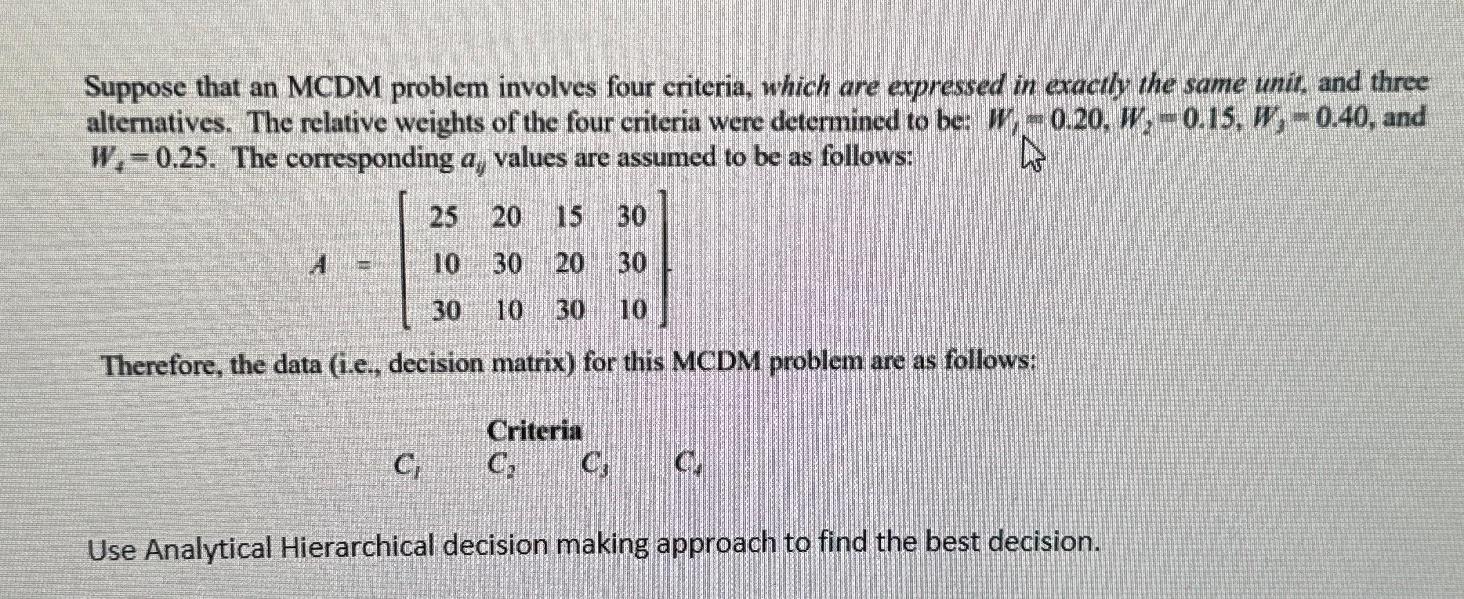 Solved Suppose that an MCDM problem involves four criteria, | Chegg.com