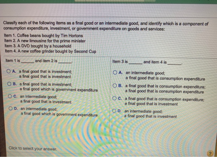 Solved Classify each of the following items as a final good | Chegg.com