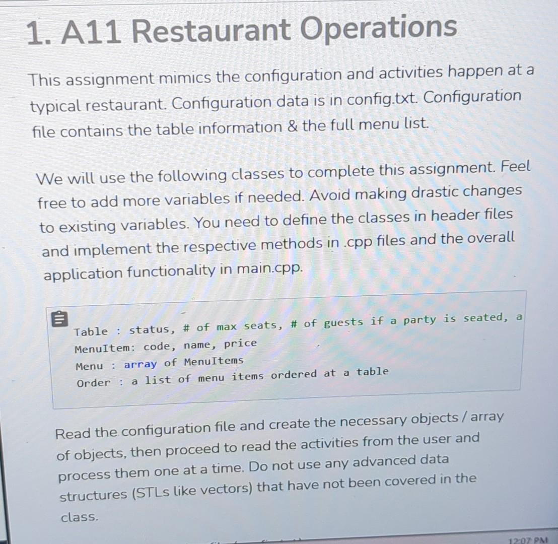 Solved 1. A11 Restaurant Operations This assignment mimics | Chegg.com