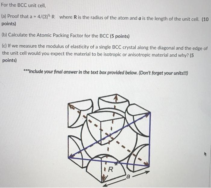 Solved For the BCC unit cell, (a) Proof that a = 4/(3) R | Chegg.com