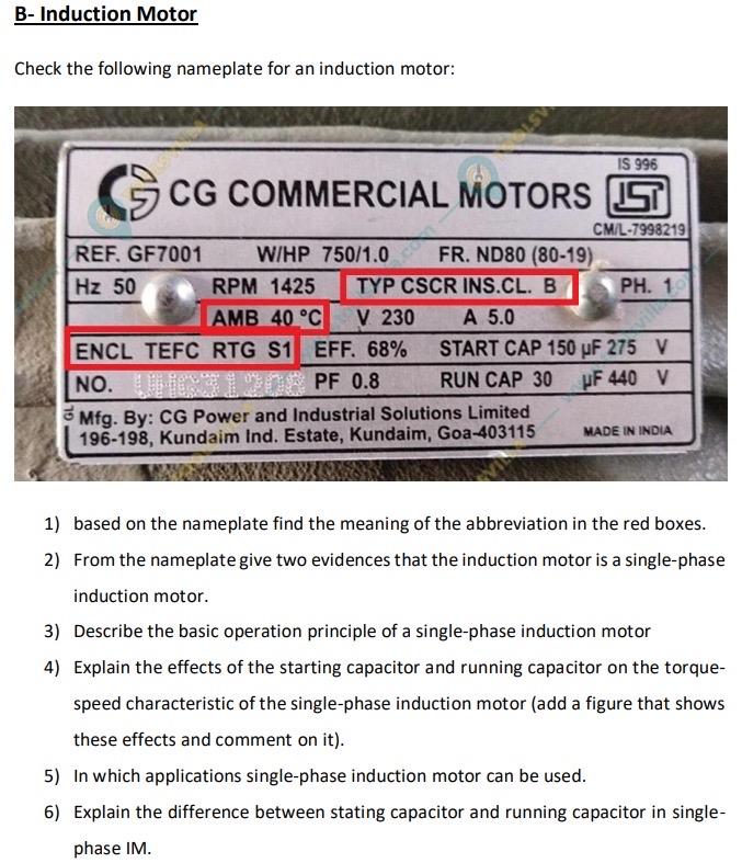 Solved B-Induction MotorCheck the following nameplate for an | Chegg.com