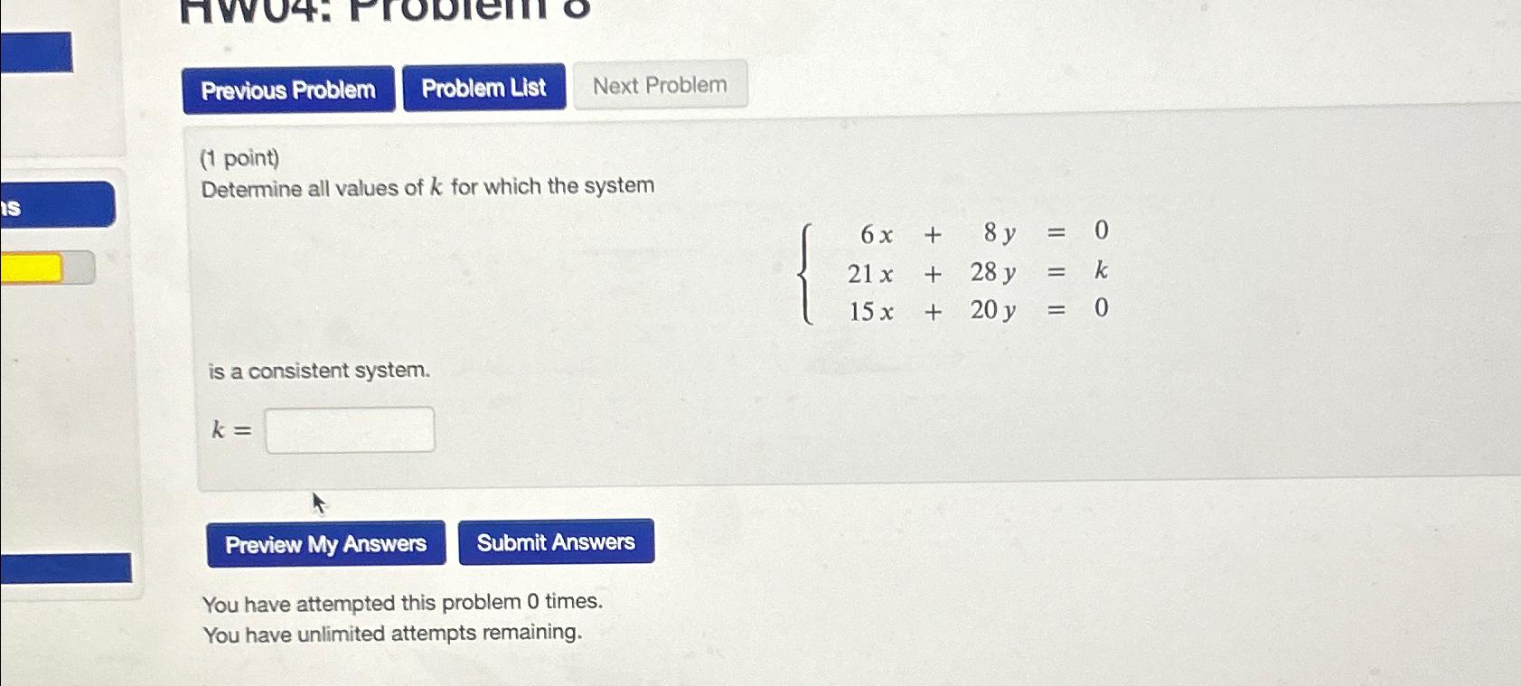 Solved (1 ﻿point)Determine all values of k ﻿for which the | Chegg.com