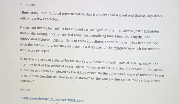 Instructions "Short story, brief fictional prose | Chegg.com