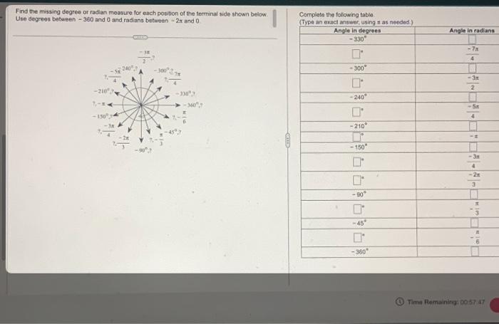 Solved Find the missing degree or fadian messure for each | Chegg.com
