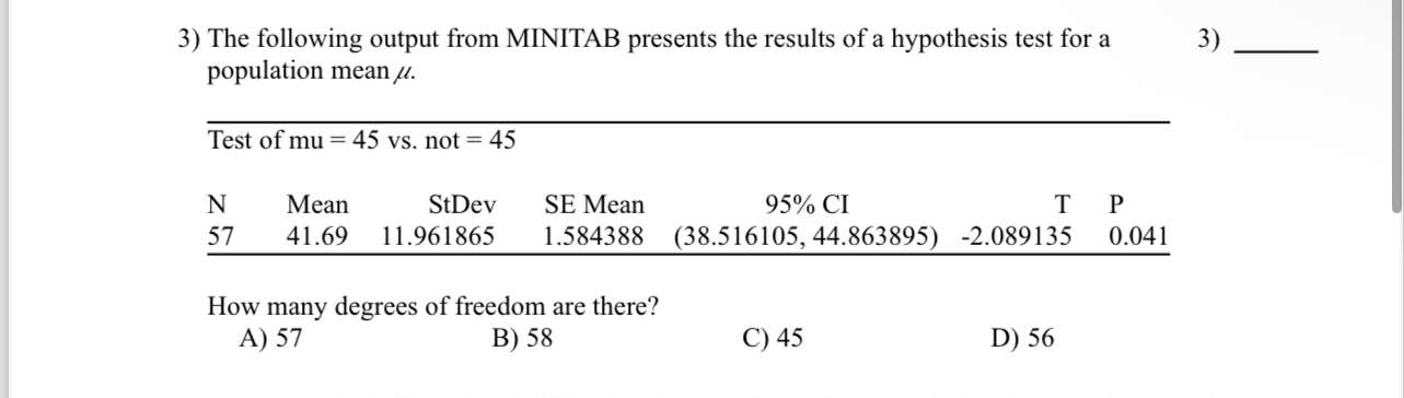 Solved The following output from MINITAB presents the | Chegg.com
