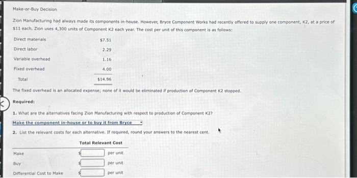 Solved Zion Manufacturing had always made its components | Chegg.com