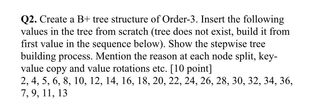 Solved by an EXPERT Q2. ﻿Create a B+ ﻿tree structure of Order-3 ...