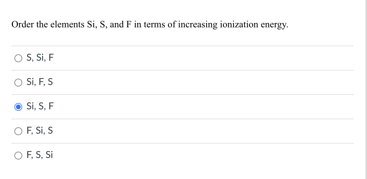 Solved Order the elements Si,S, ﻿and F ﻿in terms of | Chegg.com