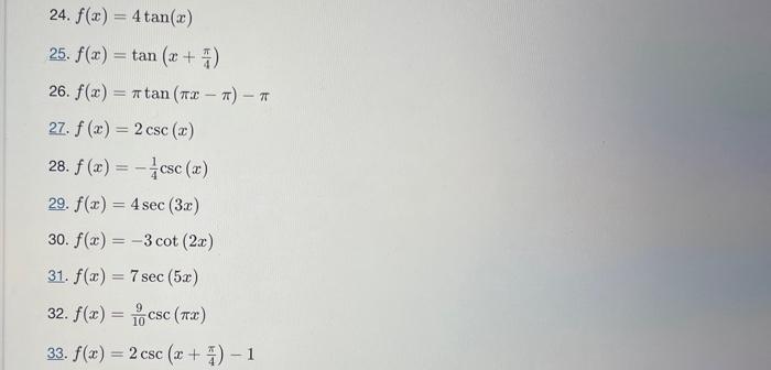 Solved 24. f(x)=4tan(x) 25. f(x)=tan(x+4π) 26. | Chegg.com