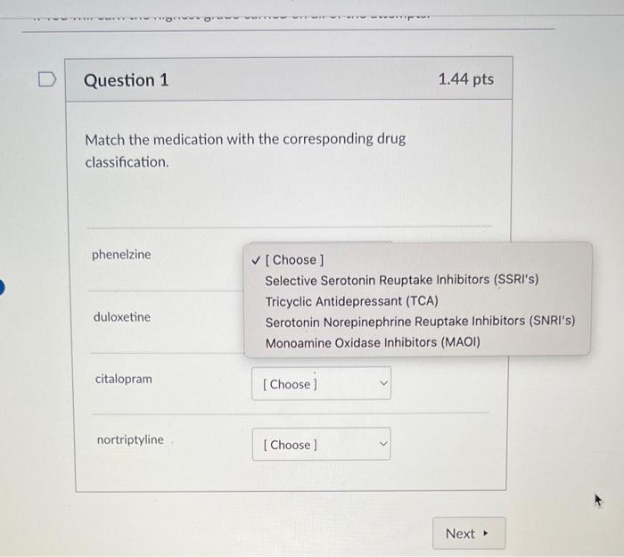 Match the medication with the corresponding drug | Chegg.com