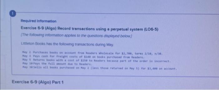 Solved Required information Exercise 6-9 (Algo) Record | Chegg.com
