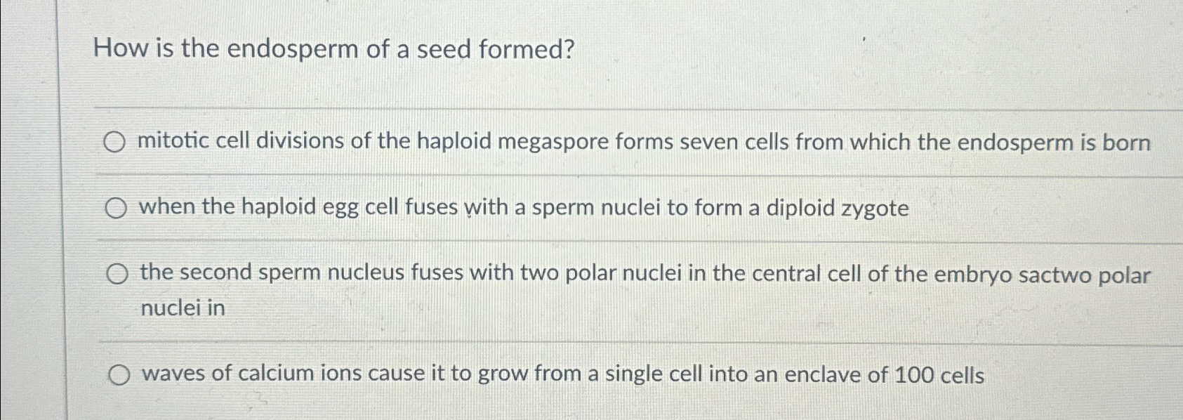 Solved How is the endosperm of a seed formed?mitotic cell | Chegg.com