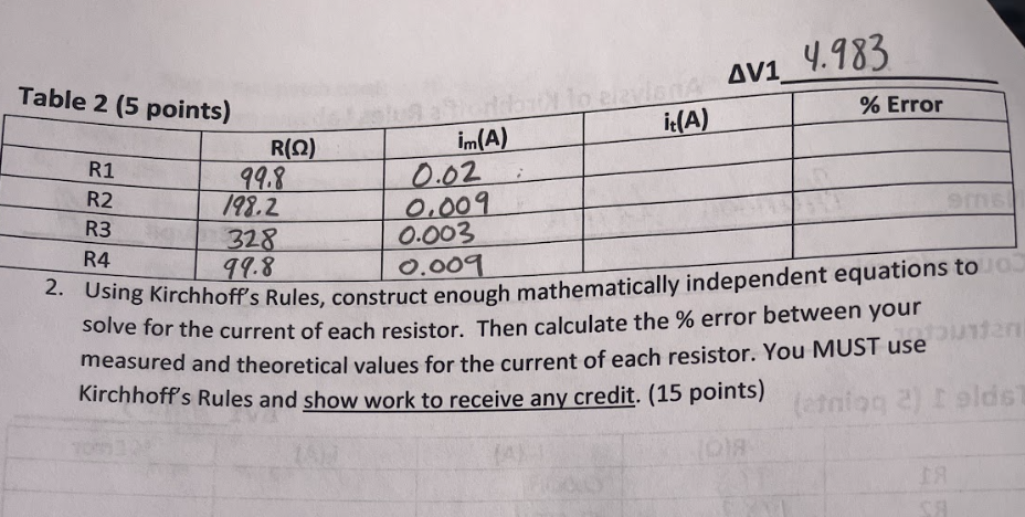 Table 2 (5 ﻿points)Using Kirchhoff's Rules, construct | Chegg.com