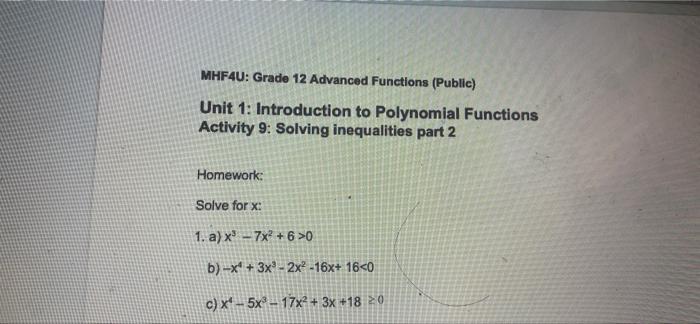 Solved MHF4U: Grade 12 Advanced Functions (Public) Unit 1: | Chegg.com