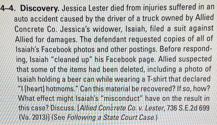 Solved 4-4. Discovery. Jessica Lester died from injuries | Chegg.com