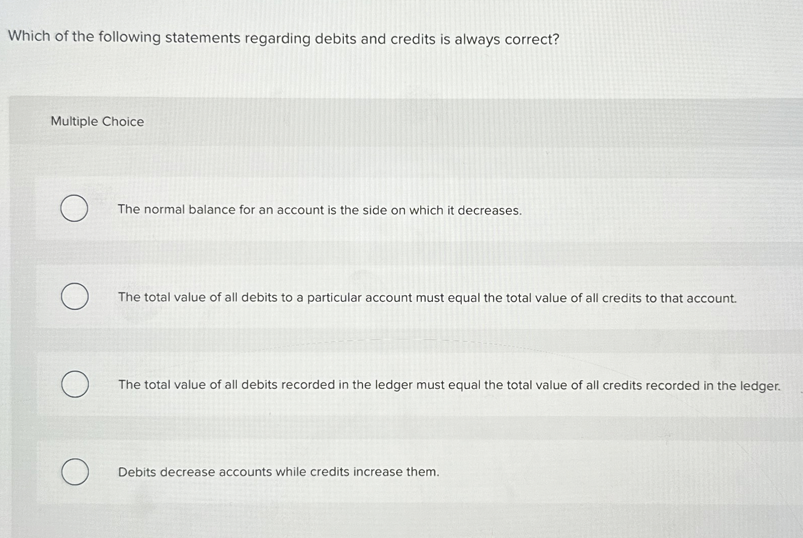 Solved Which of the following statements regarding debits | Chegg.com