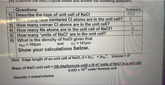 Solved Mass of NaCl unit cell =6.022×1023 units/ formula | Chegg.com