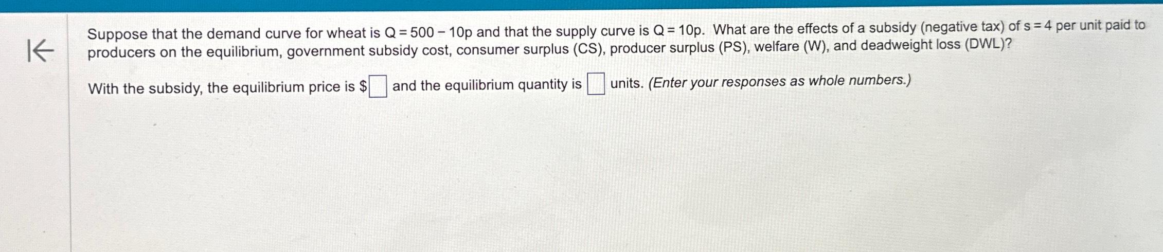 Solved Suppose that the demand curve for wheat is Q=500-10p | Chegg.com
