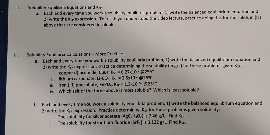 Solved II. Solubility Equilibria Equations and Ksp a. Each | Chegg.com