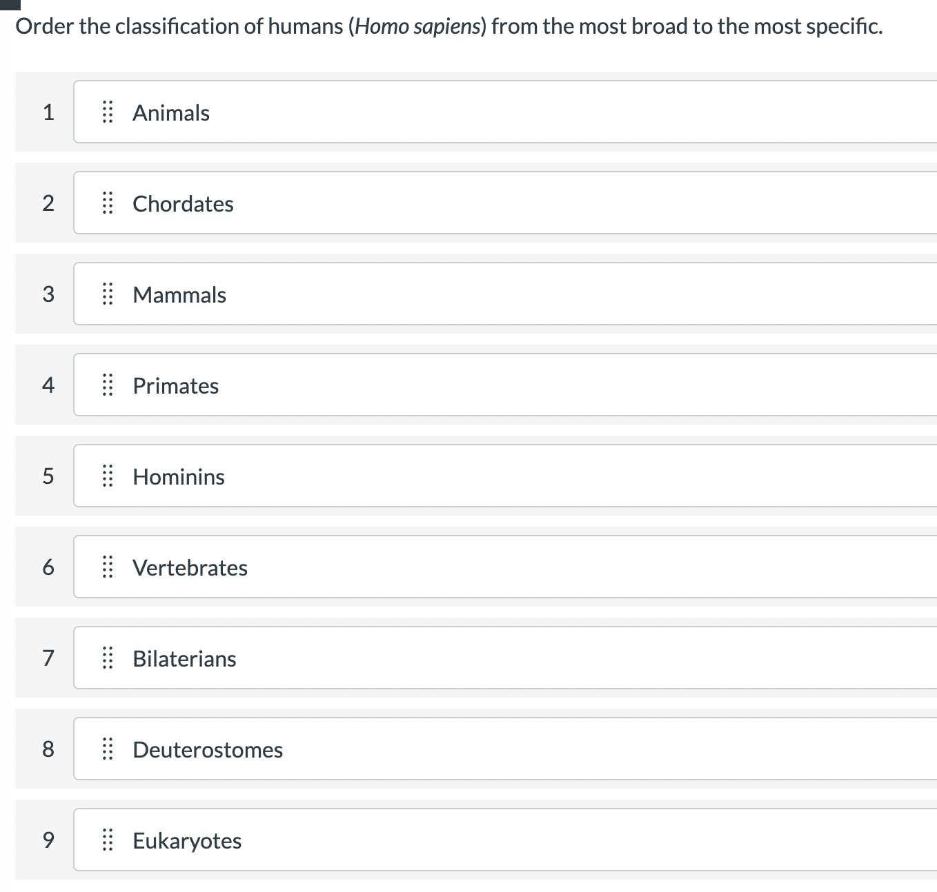 Solved Order the classification of humans (Homo sapiens) | Chegg.com