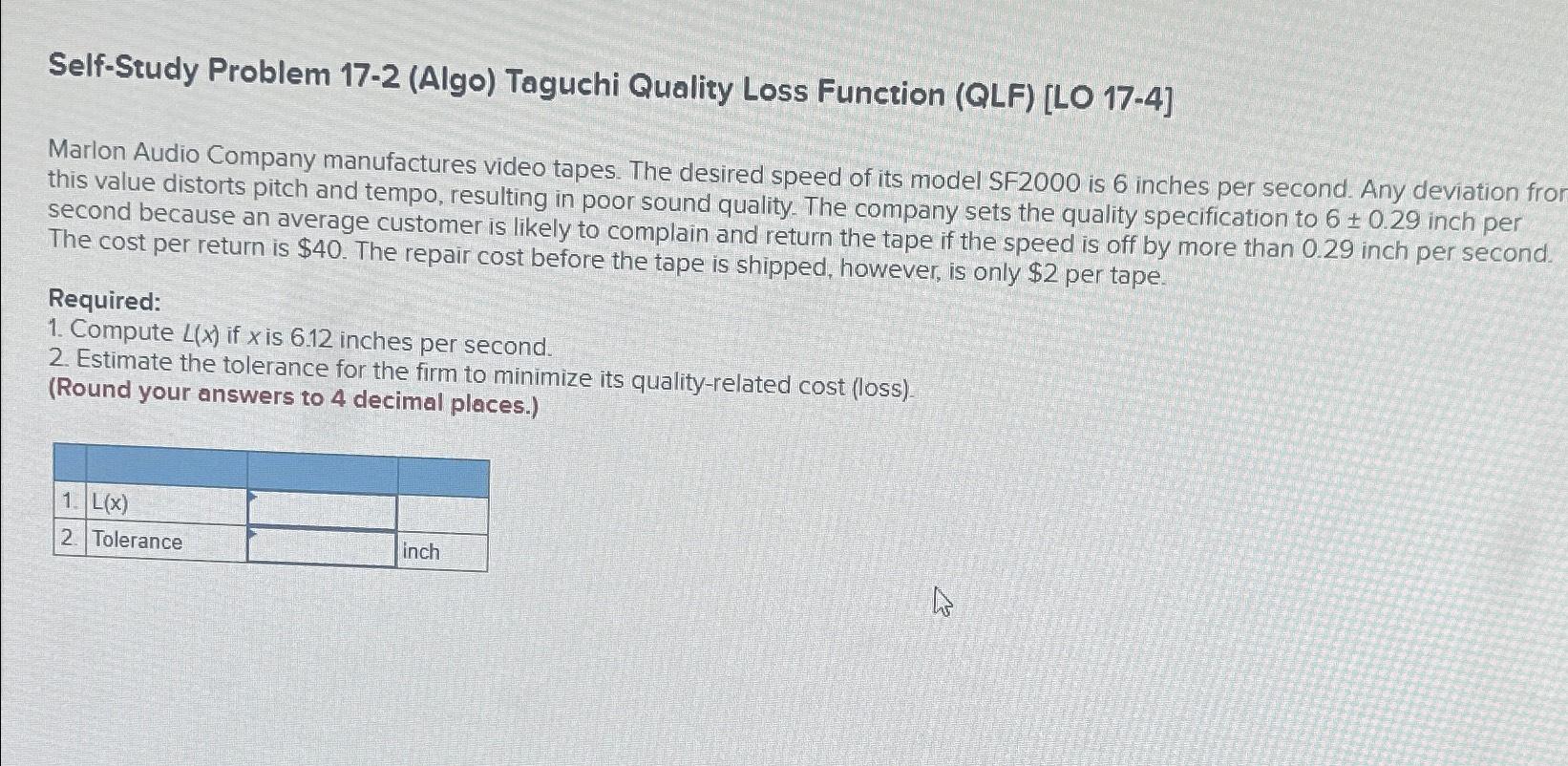 Solved Self-Study Problem 17-2 (Algo) ﻿Taguchi Quality Loss | Chegg.com