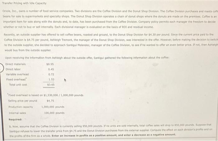 Solved a Transfer Pricing with Idle Capacity Oriole, Inc., | Chegg.com