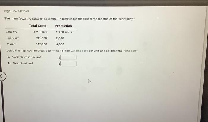 Solved High-Low Method The manufacturing costs of Rosenthal | Chegg.com