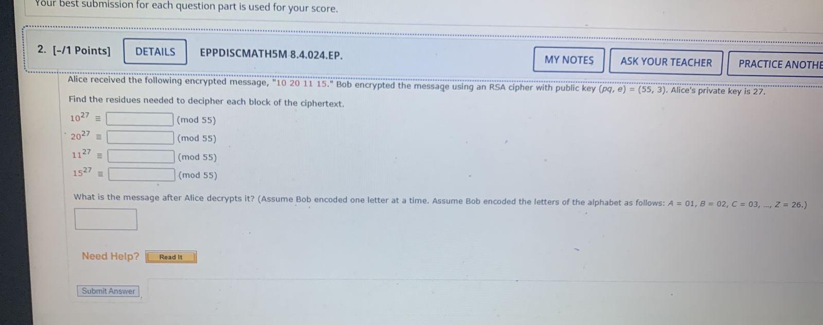 Solved Your best submission for each question part is used | Chegg.com