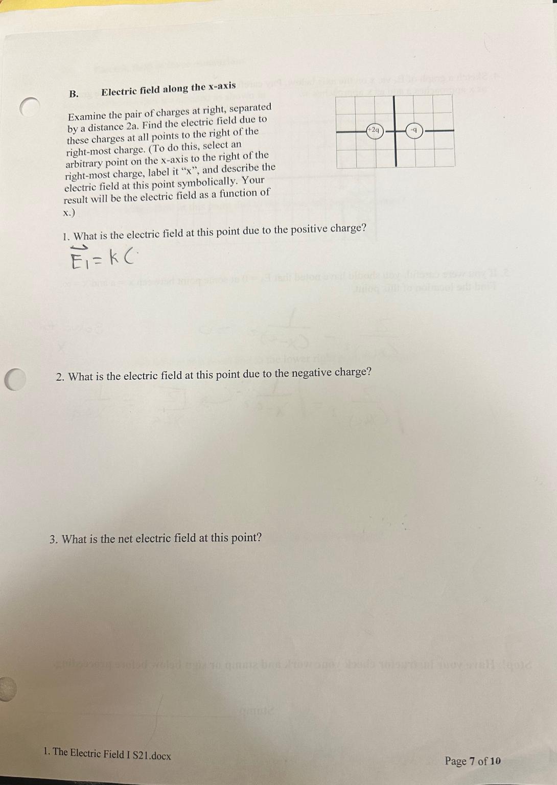 Solved B. ﻿Electric field along the x-axisExamine the pair | Chegg.com
