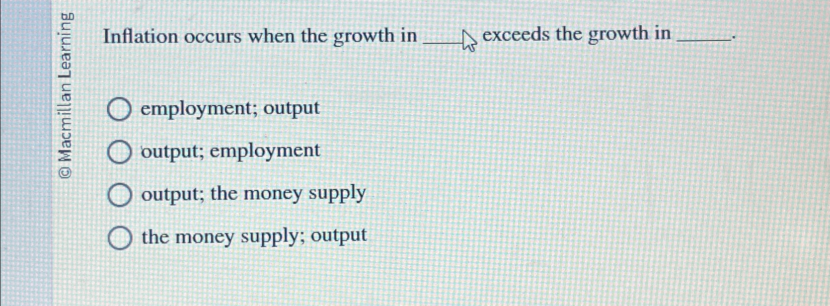 Solved Inflation occurs when the growth in exceeds the | Chegg.com
