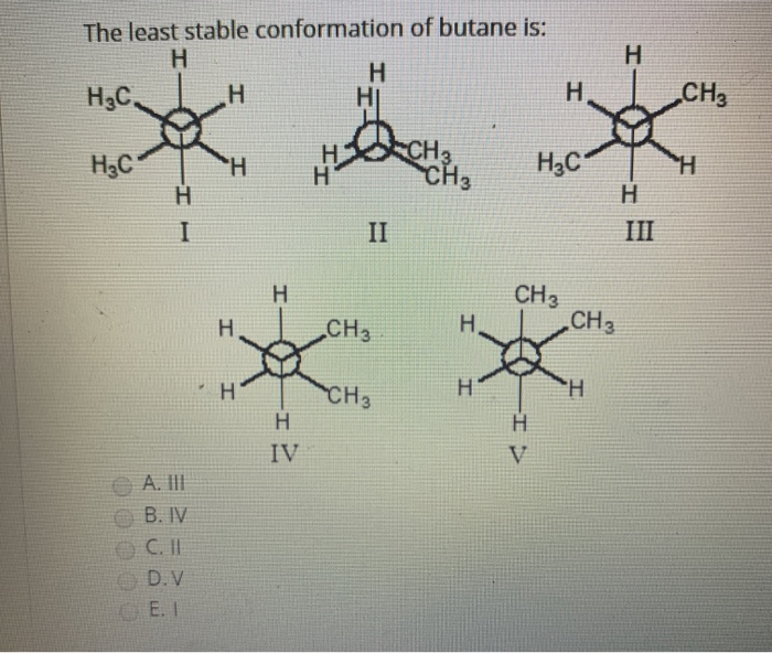 Solved The least stable conformation of butane is: нас, H2C | Chegg.com