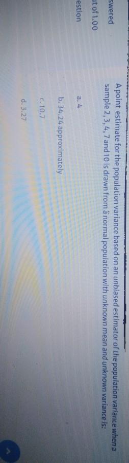 Solved swered A point estimate for the population variance | Chegg.com