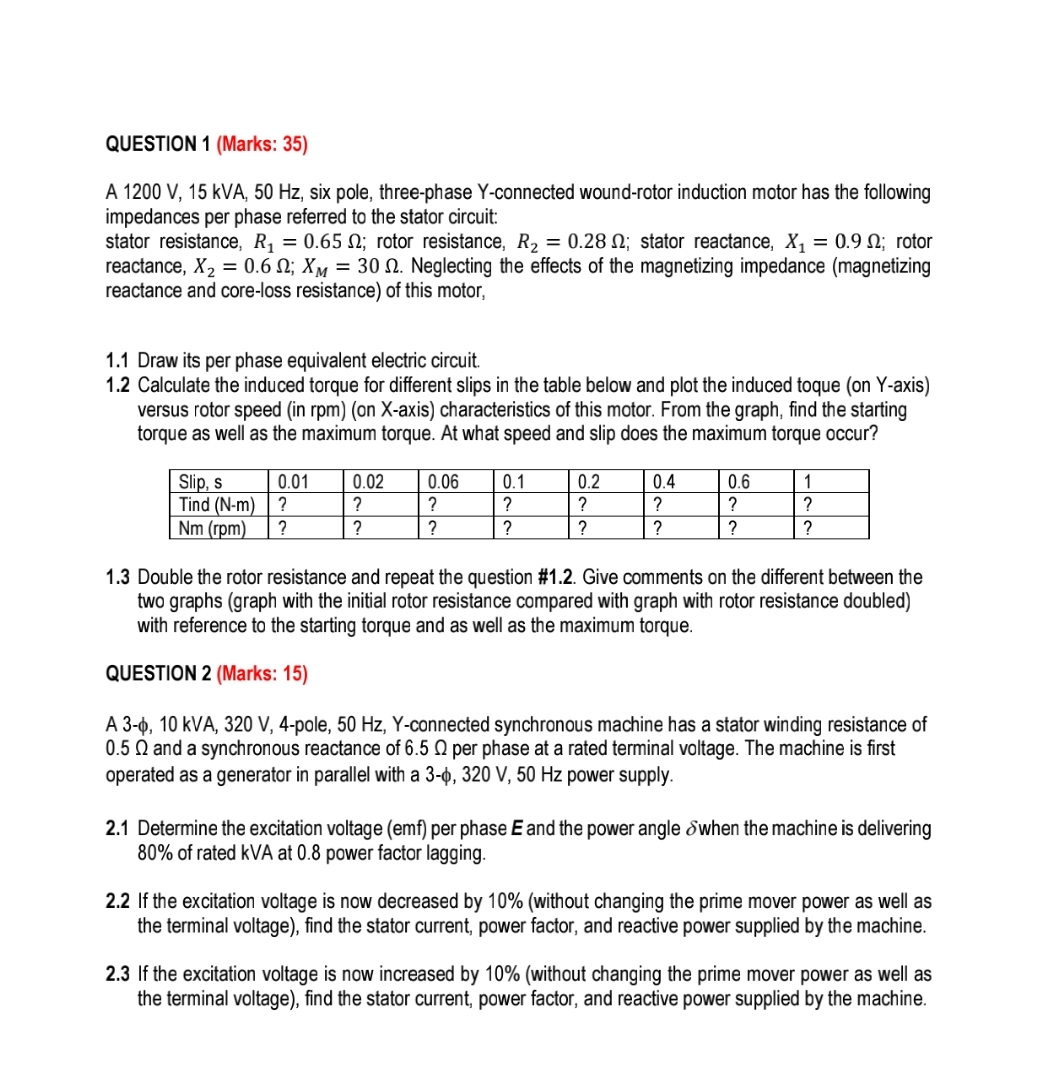 Solved QUESTION 1 (Marks: 35 )A 1200V,15kVA,50Hz, ﻿six pole, | Chegg.com