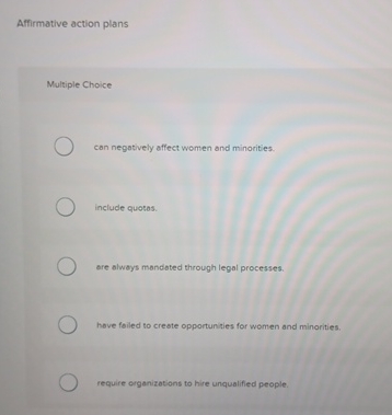 Solved Affirmative action plansMultiple Choicecan negatively | Chegg.com