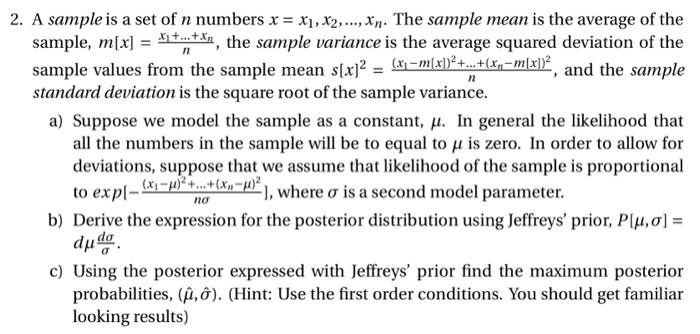 Solved 2. A sample is a set of n numbers x=x1,x2,…,xn. The | Chegg.com