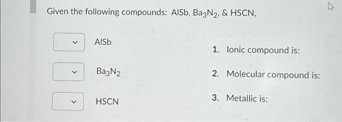Solved Given the following compounds: AlSb, Ba3N2, & HSCN, | Chegg.com