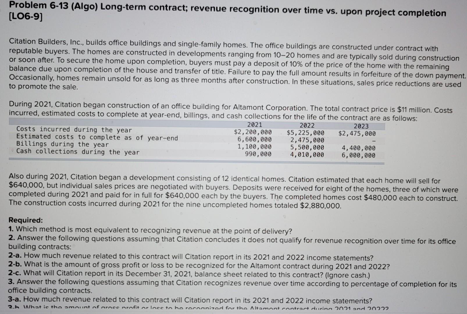 Problem 6-13 (Algo) Long-term contract; revenue | Chegg.com